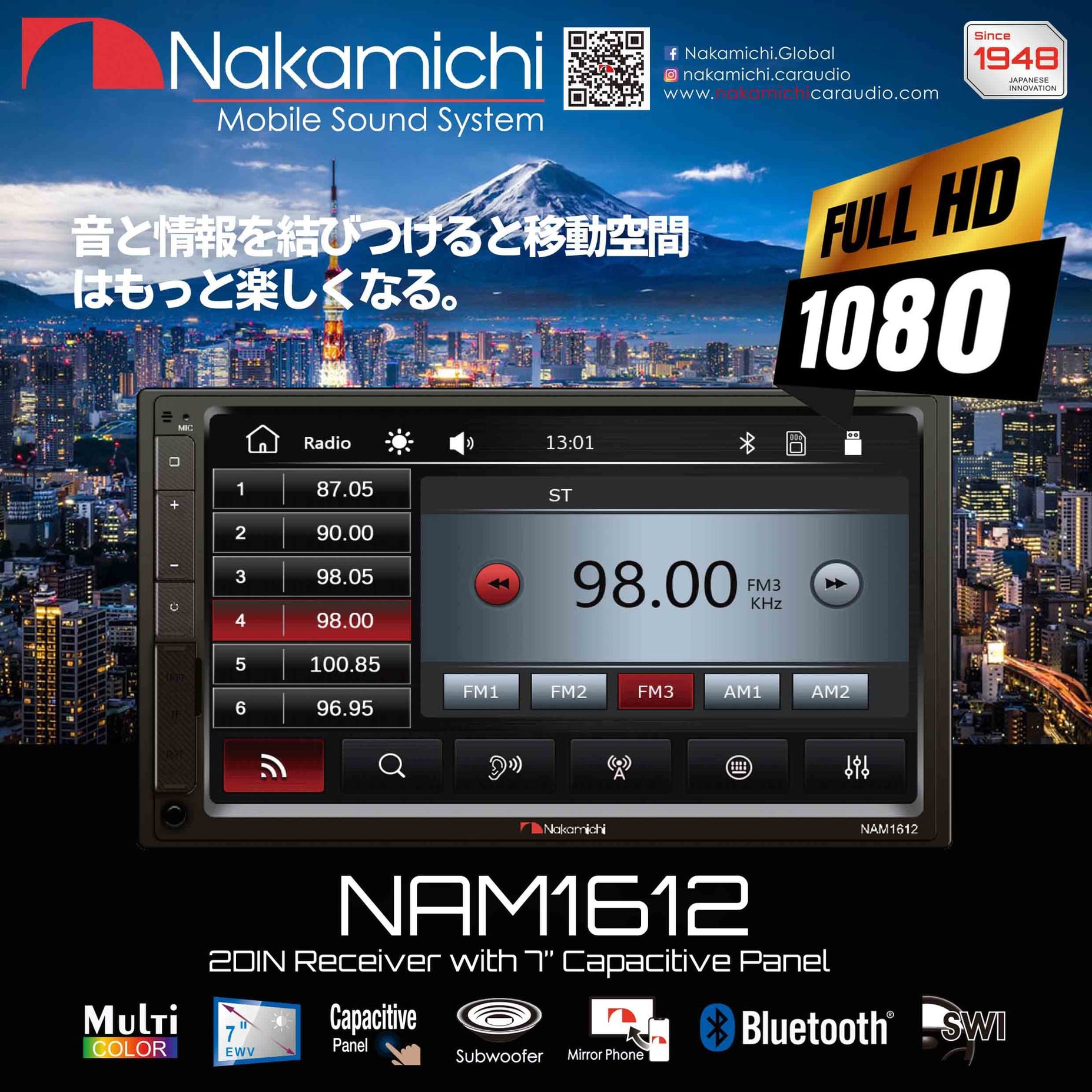 Nakamichi NAM1612 7" Double DIN Multimedia Receiver Bluetooth USB Radi ...